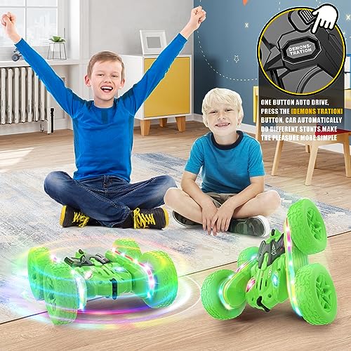 Jimdella Remote Control Car,RC Cars with sides light strip and Headlights,Double Sided 360 Flips Rotating RC Stunt Car,2.4Ghz All Terrain Toys for Ages 4-6 Kids Toy for Boys Girls Birthday Gift(Green)