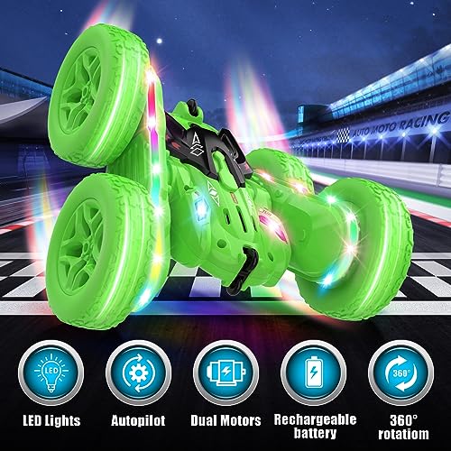 Jimdella Remote Control Car,RC Cars with sides light strip and Headlights,Double Sided 360 Flips Rotating RC Stunt Car,2.4Ghz All Terrain Toys for Ages 4-6 Kids Toy for Boys Girls Birthday Gift(Green)