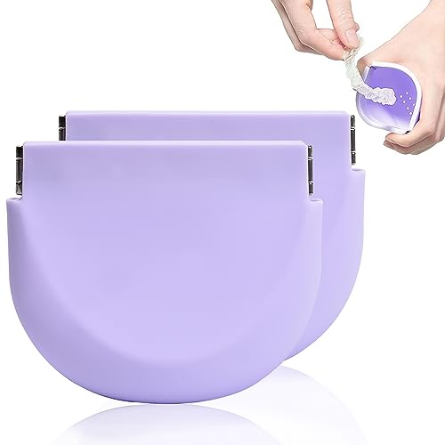 ChezMax Retainer Case 2 Pcs, Silicone Mouth Guard Case with Vent Hoels, Cute Denture Container Braces Holder for Women Kids Men, Portable Travel Aligner Cleaner Case for Invisalign Accessories(Purple)