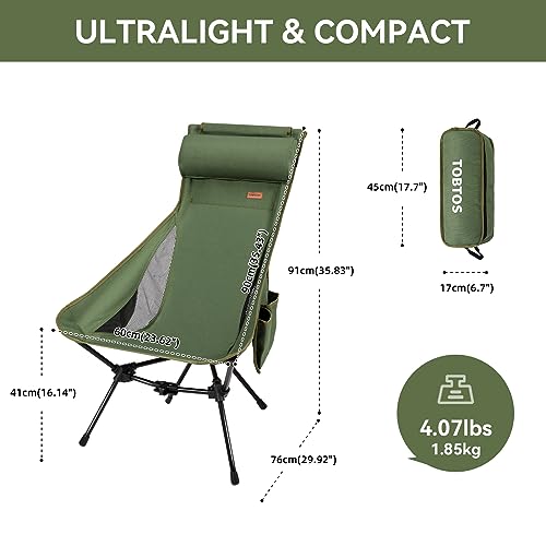 TOBTOS High Back Camping Chair, Lightweight Camping Chair with Headrest, Stable Portable Folding Chair for Outdoor Camp, Hiking, Backpacking (Green)