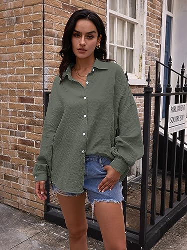 AUTOMET Womens Button Down Shirts Fall Shirts 2023 Shacket Jacket Long Sleeve Oversized Maternity Fashion Teacher Outfits Button Up Work Casual Blouses Tunics Tops Army Green