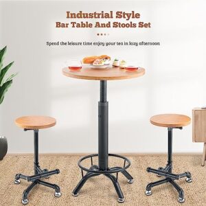 AA Products Industrial Bar Table & Stools Sets, 23.6" Dia Swivel Round Wood Adjustable Height Bar Table and Chairs Set for Party Bistro Cafe Cocktail Whiskey Equipped with Crank Handle