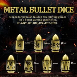 Metal Bullet Dice Set, DND Dice Set Dungeons and Dragons Dice, ZHOORQI D6 Dice Set D&D Dice Gifts for Role Playing Games, Pathfinder, Warhammer 40k or Theme Tabletop Games（7Bullet-Bronze）