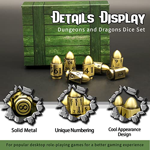 Metal Bullet Dice Set, DND Dice Set Dungeons and Dragons Dice, ZHOORQI D6 Dice Set D&D Dice Gifts for Role Playing Games, Pathfinder, Warhammer 40k or Theme Tabletop Games（7Bullet-Bronze）