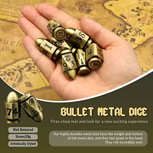 Metal Bullet Dice Set, DND Dice Set Dungeons and Dragons Dice, ZHOORQI D6 Dice Set D&D Dice Gifts for Role Playing Games, Pathfinder, Warhammer 40k or Theme Tabletop Games（7Bullet-Bronze）