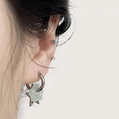 Star Green Jade Flower Cuff Small Hoop Earrings for Women Girls Cute Unique Tiny Huggie Hoops With Star Charm Hypoallergenic Fashion Y2K Jewerly Gifts Daughter Birthday Christmas