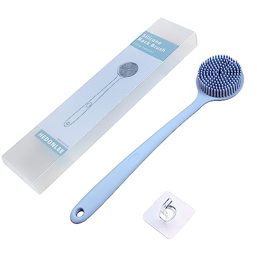 HEDONLEE Silicone Back Scrubber for Shower, Silicone Body Scrubber, Silicone Bath Body Brush with Long Handle and Hook, Dual-Sided Shower Brush for Men and Women (Blue)