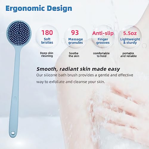 HEDONLEE Silicone Back Scrubber for Shower, Silicone Body Scrubber, Silicone Bath Body Brush with Long Handle and Hook, Dual-Sided Shower Brush for Men and Women (Blue)