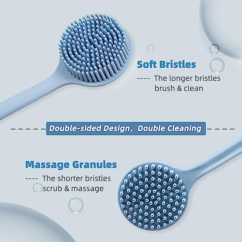 HEDONLEE Silicone Back Scrubber for Shower, Silicone Body Scrubber, Silicone Bath Body Brush with Long Handle and Hook, Dual-Sided Shower Brush for Men and Women (Blue)