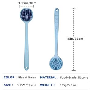 HEDONLEE Silicone Back Scrubber for Shower, Silicone Body Scrubber, Silicone Bath Body Brush with Long Handle and Hook, Dual-Sided Shower Brush for Men and Women (Blue)