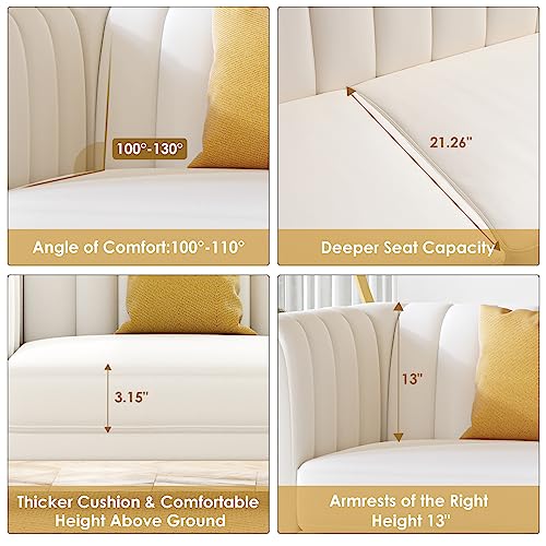 FOTOSOK 78'' Sofa, Modern White Sofas Couches for Living Room, Comfy Sofa Faux Leather Sofa 3 Seater Sofa with 2 Throw Pillows and Gold Metal Legs, Deep Seat Sofas for Living Room (Cream White)