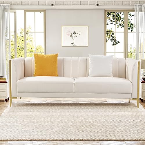 FOTOSOK 78'' Sofa, Modern White Sofas Couches for Living Room, Comfy Sofa Faux Leather Sofa 3 Seater Sofa with 2 Throw Pillows and Gold Metal Legs, Deep Seat Sofas for Living Room (Cream White)