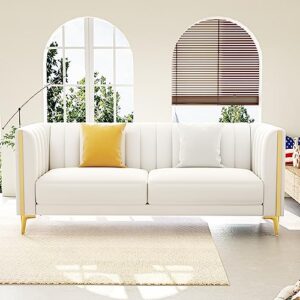 FOTOSOK 78'' Sofa, Modern White Sofas Couches for Living Room, Comfy Sofa Faux Leather Sofa 3 Seater Sofa with 2 Throw Pillows and Gold Metal Legs, Deep Seat Sofas for Living Room (Cream White)