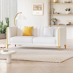 FOTOSOK 78'' Sofa, Modern White Sofas Couches for Living Room, Comfy Sofa Faux Leather Sofa 3 Seater Sofa with 2 Throw Pillows and Gold Metal Legs, Deep Seat Sofas for Living Room (Cream White)