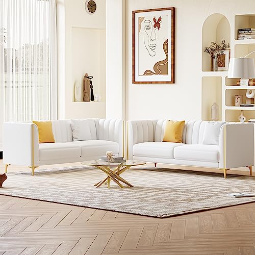 FOTOSOK 78'' Sofa, Modern White Sofas Couches for Living Room, Comfy Sofa Faux Leather Sofa 3 Seater Sofa with 2 Throw Pillows and Gold Metal Legs, Deep Seat Sofas for Living Room (Cream White)