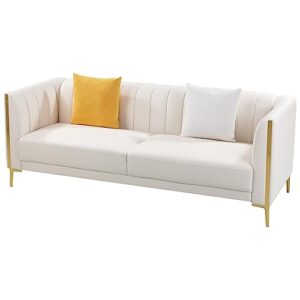 FOTOSOK 78'' Sofa, Modern White Sofas Couches for Living Room, Comfy Sofa Faux Leather Sofa 3 Seater Sofa with 2 Throw Pillows and Gold Metal Legs, Deep Seat Sofas for Living Room (Cream White)