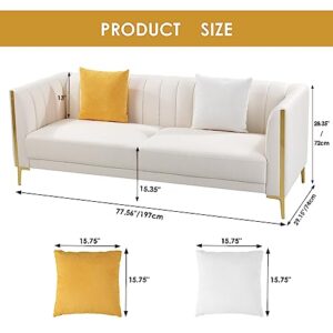 FOTOSOK 78'' Sofa, Modern White Sofas Couches for Living Room, Comfy Sofa Faux Leather Sofa 3 Seater Sofa with 2 Throw Pillows and Gold Metal Legs, Deep Seat Sofas for Living Room (Cream White)