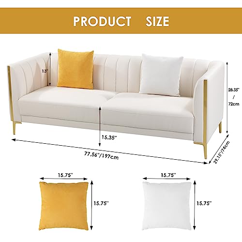 FOTOSOK 78'' Sofa, Modern White Sofas Couches for Living Room, Comfy Sofa Faux Leather Sofa 3 Seater Sofa with 2 Throw Pillows and Gold Metal Legs, Deep Seat Sofas for Living Room (Cream White)