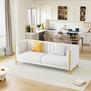 FOTOSOK 78'' Sofa, Modern White Sofas Couches for Living Room, Comfy Sofa Faux Leather Sofa 3 Seater Sofa with 2 Throw Pillows and Gold Metal Legs, Deep Seat Sofas for Living Room (Cream White)