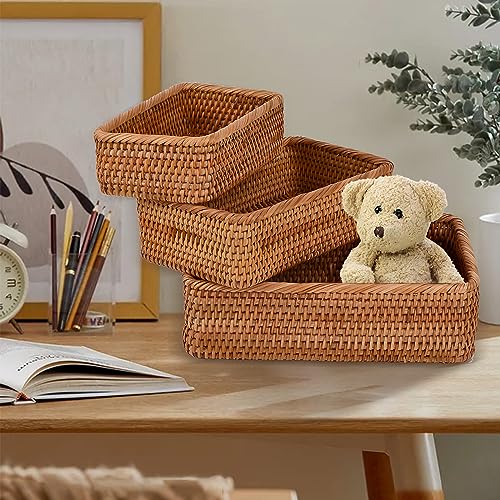 Rattan Serving Tray, Hand Woven Basket, Home Decor Organizer Tray for Breakfast, Tea, Snack, Fruit, Coffee Storage (Rec Small)