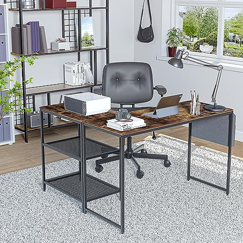 VECELO Computer Desk L Shaped Heavy Duty Home Office Table for Study/Gaming/Writing Room with Storage Bag and Shelf, Space-Saving Corner Workstation, 47" D x 19" W x 31" H, Rustic Brown