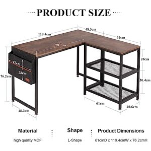 VECELO Computer Desk L Shaped Heavy Duty Home Office Table for Study/Gaming/Writing Room with Storage Bag and Shelf, Space-Saving Corner Workstation, 47" D x 19" W x 31" H, Rustic Brown