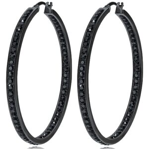 iuity medium black hoop earrings for women girls big hoop earrings stainless steel hypoallergenic black diamond hoops large rhinestone earrings for sensitive ears summer jewerly gifts 40mm