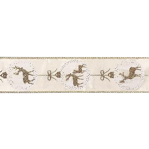 Designer’s Shop Holiday Reindeer Ornaments Wired Edge Ribbon 2.5” x 10 Yard for DIY Crafting, Home Décor WR 63-5139 (Gold)