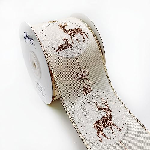 Designer’s Shop Holiday Reindeer Ornaments Wired Edge Ribbon 2.5” x 10 Yard for DIY Crafting, Home Décor WR 63-5139 (Gold)