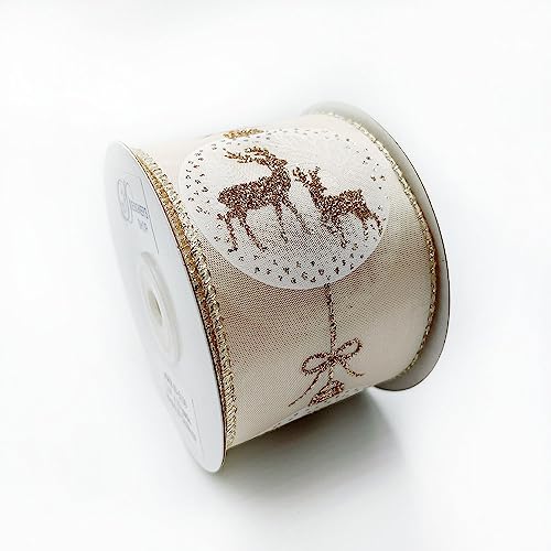 Designer’s Shop Holiday Reindeer Ornaments Wired Edge Ribbon 2.5” x 10 Yard for DIY Crafting, Home Décor WR 63-5139 (Gold)