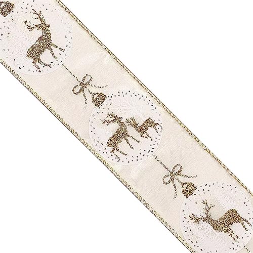 Designer’s Shop Holiday Reindeer Ornaments Wired Edge Ribbon 2.5” x 10 Yard for DIY Crafting, Home Décor WR 63-5139 (Gold)