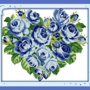 14 CT Cross Stitch Kits for Beginners Blue Rose Heart Printed Cotton Canvas Stamped Cross-Stitch Supplies Needlework Printed Embroidery Kits DIY Kits Needlepoint Starter Kits 32×28cm