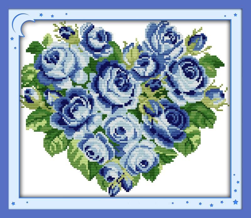 14 CT Cross Stitch Kits for Beginners Blue Rose Heart Printed Cotton Canvas Stamped Cross-Stitch Supplies Needlework Printed Embroidery Kits DIY Kits Needlepoint Starter Kits 32×28cm