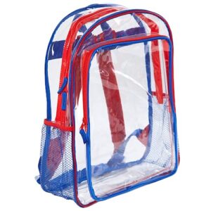 red and blue clear backpack for school, 16 inch stadium approved transparent bag