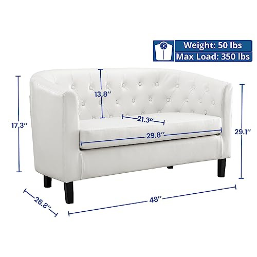 Barrel Love Seat, Button Tufted Faux Leather Barrel Loveseat Sofas, Midcentury Modern 2 Seater Sofa Couch, Small Loveseats for Small Spaces, Bedrooms, Love Seats Couches for Living Room - White