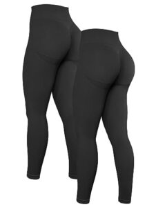 oqq women's 2 piece high waist yoga legging butt lifting tummy control ruched booty smile workout pant, black,black, medium