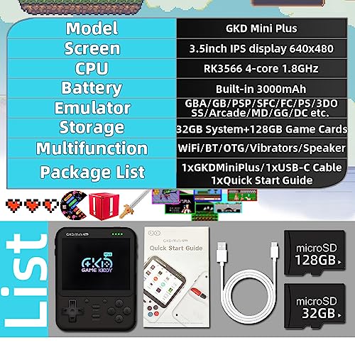 GKD Mini Plus Handheld Game Console 3.5 inch Portable Retro Video Games Consoles Pocket Rechargeable RK3566 Hand Held Classic System Black 32GB 128GB