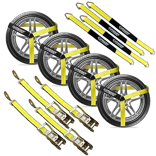 Cureder Adjustable Vehicle Tire Tie Down Straps Kit– 4pk Heavy Duty Tire Straps with Snap Hooks 9900 lbs. Working Load 3300 lbs. Lasso 4 x Axle Strap Kit for Moving Cargo, Car, Truck Accessories