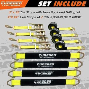 Cureder Adjustable Vehicle Tire Tie Down Straps Kit– 4pk Heavy Duty Tire Straps with Snap Hooks 9900 lbs. Working Load 3300 lbs. Lasso 4 x Axle Strap Kit for Moving Cargo, Car, Truck Accessories