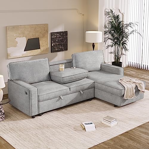 LUMISOL 89" Convertible Pull Out Sleeper Sofa Bed, L-Shaped Sectional Sofa with Reversible Storage Chaise, Reversible Sofa Couch with Cup Holders and USB Ports for Living Room, Small Apartment