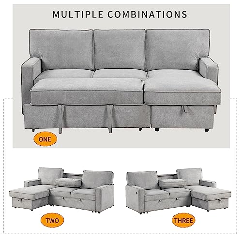 LUMISOL 89" Convertible Pull Out Sleeper Sofa Bed, L-Shaped Sectional Sofa with Reversible Storage Chaise, Reversible Sofa Couch with Cup Holders and USB Ports for Living Room, Small Apartment