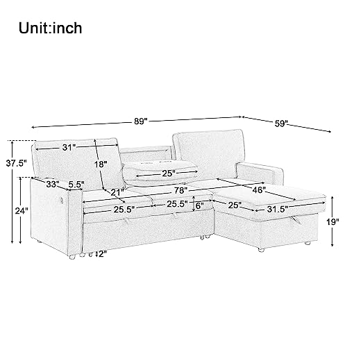 LUMISOL 89" Convertible Pull Out Sleeper Sofa Bed, L-Shaped Sectional Sofa with Reversible Storage Chaise, Reversible Sofa Couch with Cup Holders and USB Ports for Living Room, Small Apartment