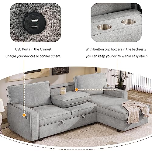 LUMISOL 89" Convertible Pull Out Sleeper Sofa Bed, L-Shaped Sectional Sofa with Reversible Storage Chaise, Reversible Sofa Couch with Cup Holders and USB Ports for Living Room, Small Apartment