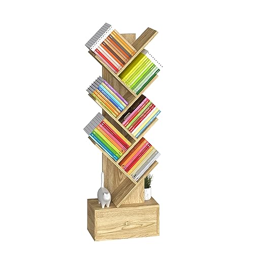 Youkia 6 Tier Tree Bookshelf, 6 Free Standing Bookcases, Morden Wooden Tree Book Shelf with Drawer, Tall Display Utility Storage Organizer Book Shelves for Living Room, Bed Room, Office, Cedar Wood