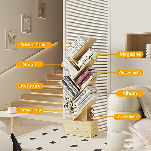 Youkia 6 Tier Tree Bookshelf, 6 Free Standing Bookcases, Morden Wooden Tree Book Shelf with Drawer, Tall Display Utility Storage Organizer Book Shelves for Living Room, Bed Room, Office, Cedar Wood