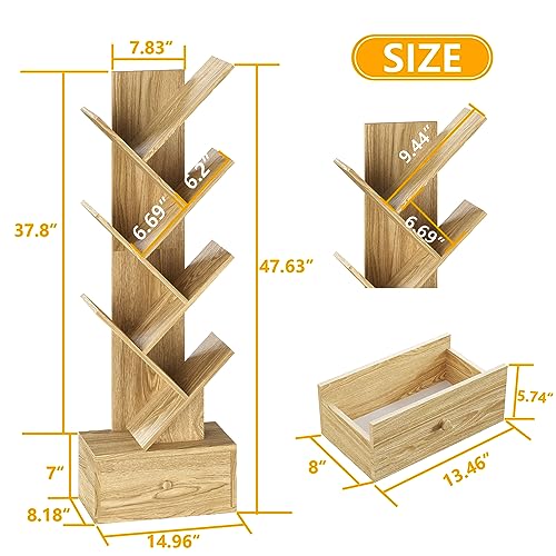 Youkia 6 Tier Tree Bookshelf, 6 Free Standing Bookcases, Morden Wooden Tree Book Shelf with Drawer, Tall Display Utility Storage Organizer Book Shelves for Living Room, Bed Room, Office, Cedar Wood