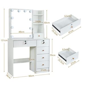 White Vanity Table, Vanity Desk Set with Mirror and Lights,Makeup Vanity Table with 5 Drawers,Storage Shelves & Cushioned Stool for Girls Bedroom