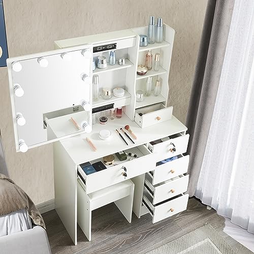 White Vanity Table, Vanity Desk Set with Mirror and Lights,Makeup Vanity Table with 5 Drawers,Storage Shelves & Cushioned Stool for Girls Bedroom