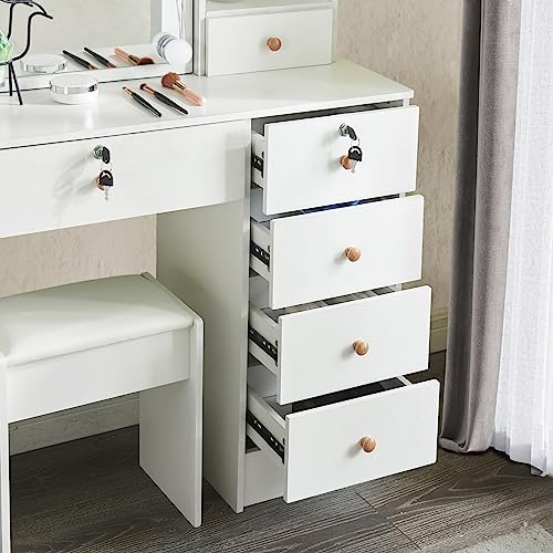 White Vanity Table, Vanity Desk Set with Mirror and Lights,Makeup Vanity Table with 5 Drawers,Storage Shelves & Cushioned Stool for Girls Bedroom