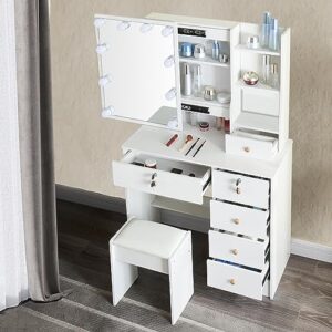 White Vanity Table, Vanity Desk Set with Mirror and Lights,Makeup Vanity Table with 5 Drawers,Storage Shelves & Cushioned Stool for Girls Bedroom